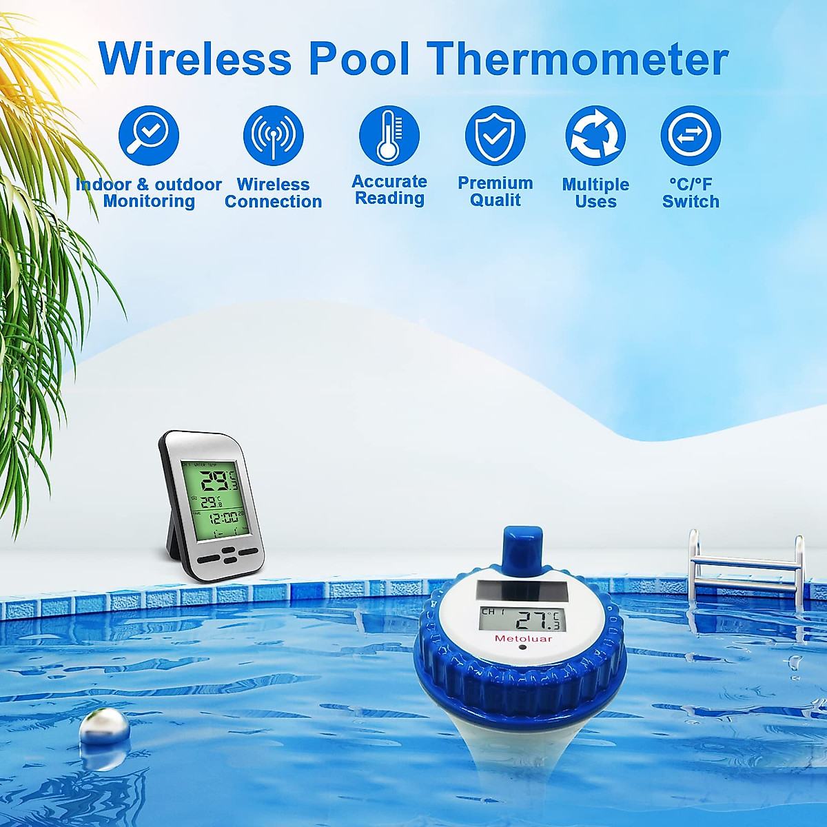 Pool Thermometer, Wireless Floating Easy Read, Solar Remote Digital Outdoor Floating Thermometers for Swimming Pool, Bath Water, and Hot Tubs