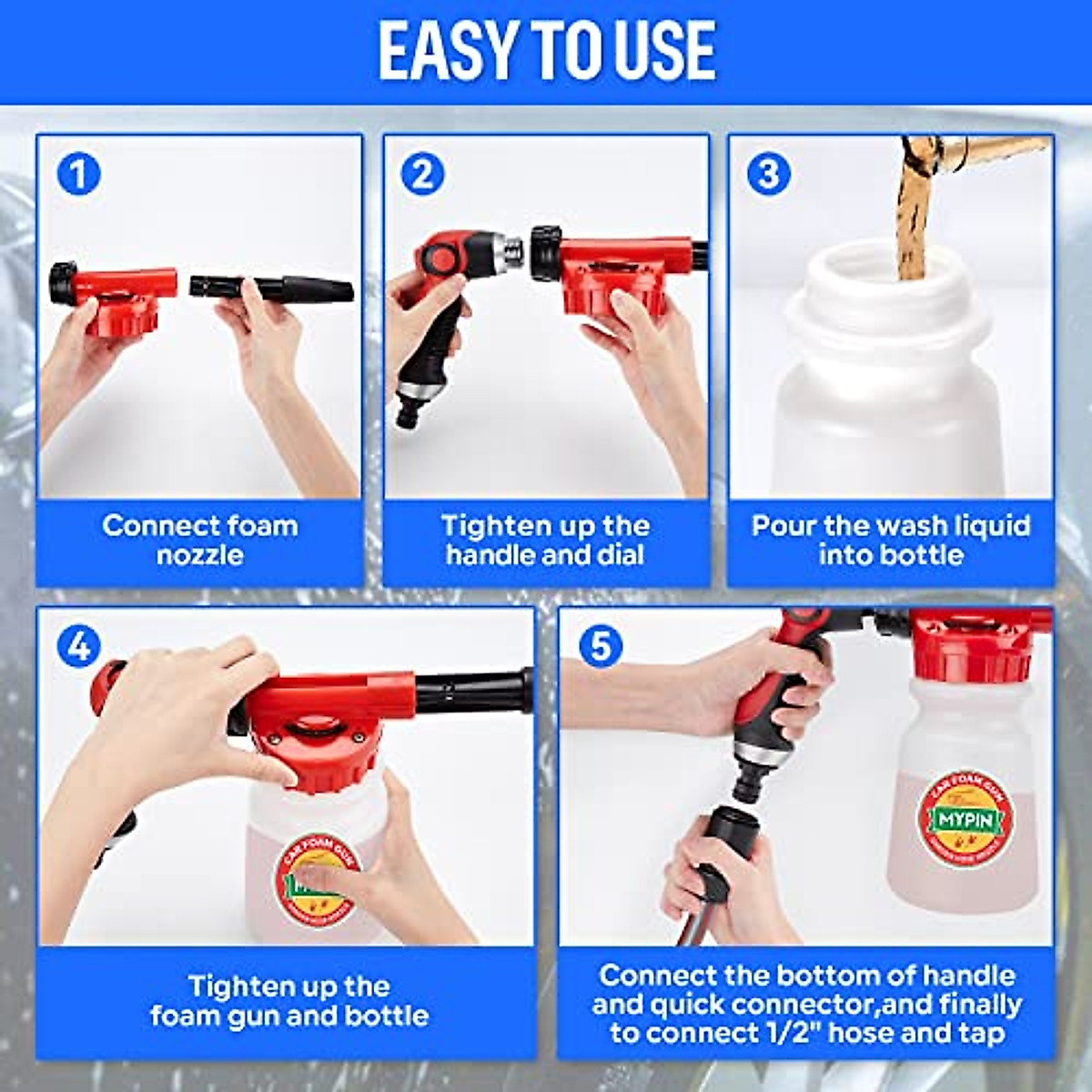 Car Wash Foam Gun, 16 IN 1 Foam Cannon, Adjustable Hose Wash Sprayer with 2.5-6 Ratio Dial Foam Blaster, 1L Bottle, Nozzles, Wash Mitten, 1/2” Quick Connector for Garden Hose, for Car/Garden Cleaning