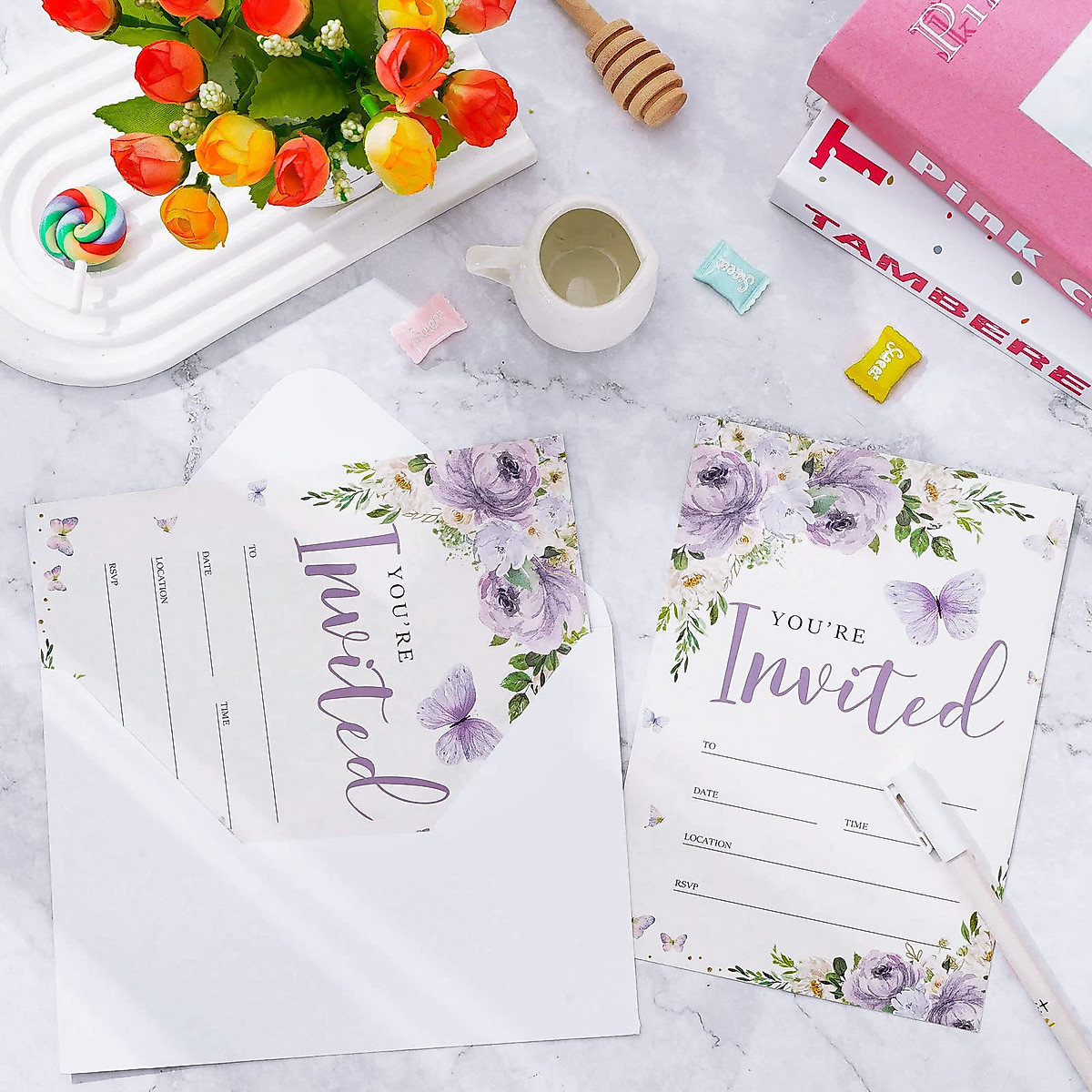 AnyDesign 20 Set Butterfly Purple Floral Invitations with Envelopes Stickers 5 x 7 Inch Spring Watercolor Invitation Paper Cards Blank Invites for Girls Baby Shower Wedding Birthday Dinner Party
