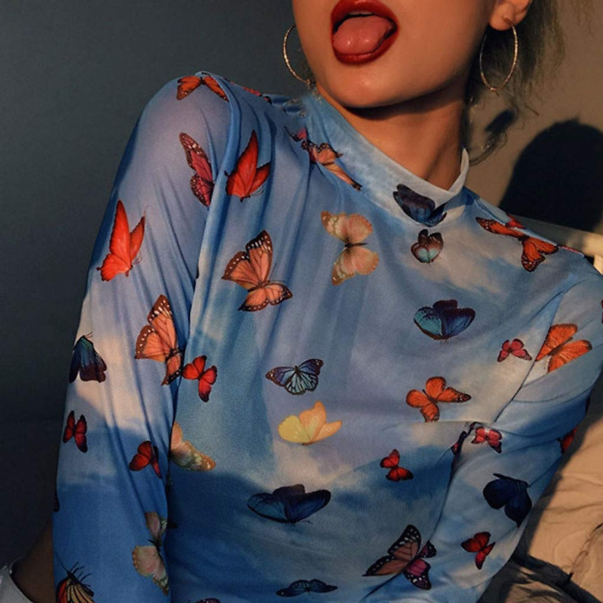 WYTong Womens Summer Casual Tops Long Sleeve Turtleneck Mesh Butterfly Print Sexy Blouse T-shirt(Blue,S)