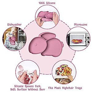 Vicloon Toddler Plates with Suction, Toddler Plates with Spoon & Fork, 100% Food-Grade Silicone Divided Design, Non-Slip, Microwave and Dishwasher Safe