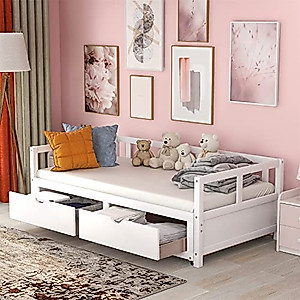 voqoomkl Twin Daybed Platform Bed with Trundle Bed and Two Storage Drawers, Extendable Daybed Twin to King, Wooden Sofa Bed Frame for Living Room, Guest Room, No Box Spring Needed, White