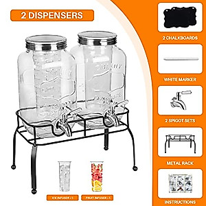 Drink Dispenser with Stand- Set of 2, 1 Gallon Glass Beverage Dispenser with Stainless Steel Spigot & Lid plus Ice Cylinder and Fruit Infuser, Drink Dispensers for Parties, Laundry Detergent Dispenser