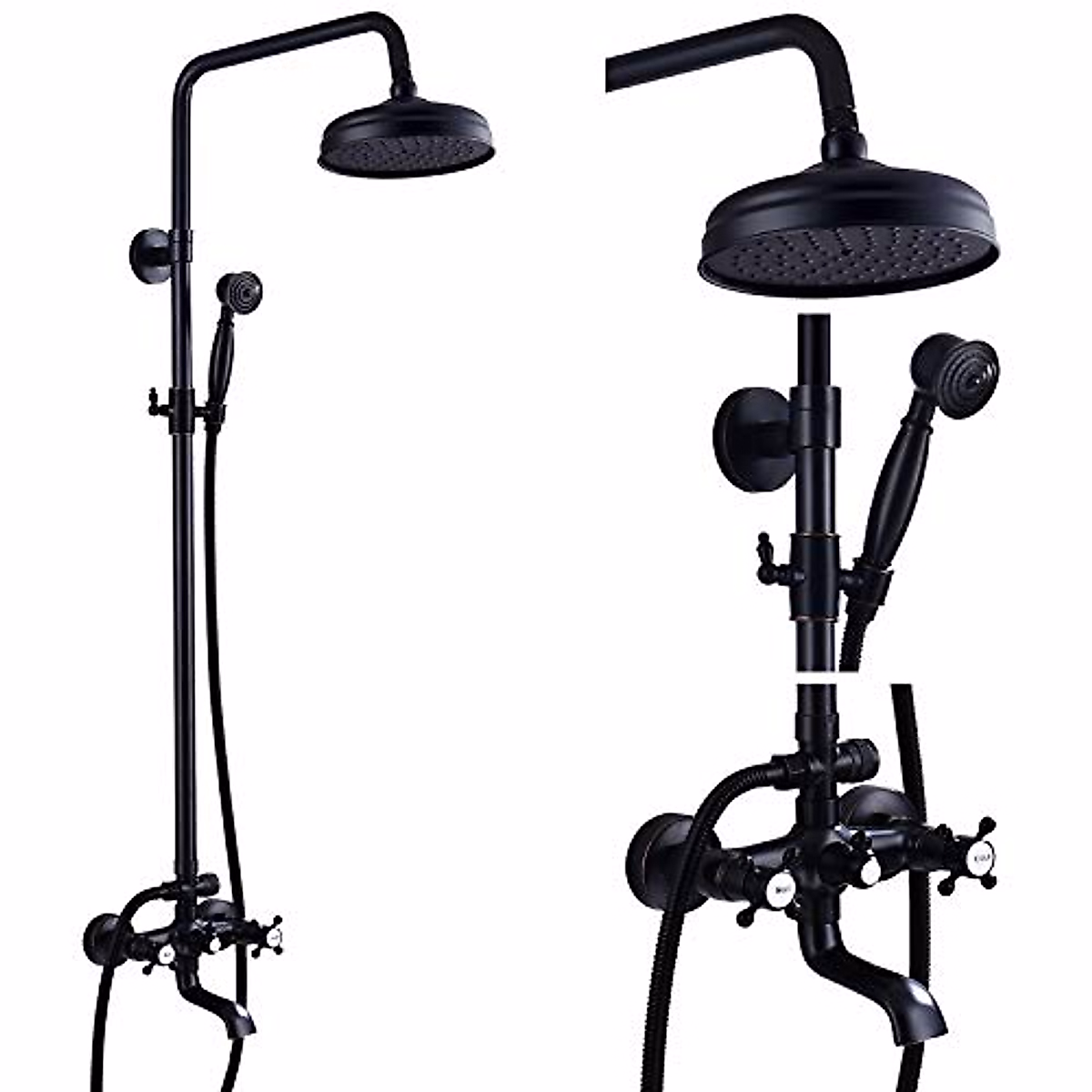 gotonovo Oil Rubbed Bronze Bathroom Luxury Shower Faucet Rain Mixer 8 Inch Round Head Double Cross Handle Bathroom Hand Spray with Tub Spout Wall Mount Bathroom Fixtures