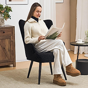 Furniliving Boucle Accent Chair for Living Room, Upholstered Reading Chair with High Backrest, Tufted-Button Wingback Armchair for Bedroom, Dressing Room, Home Office, Black