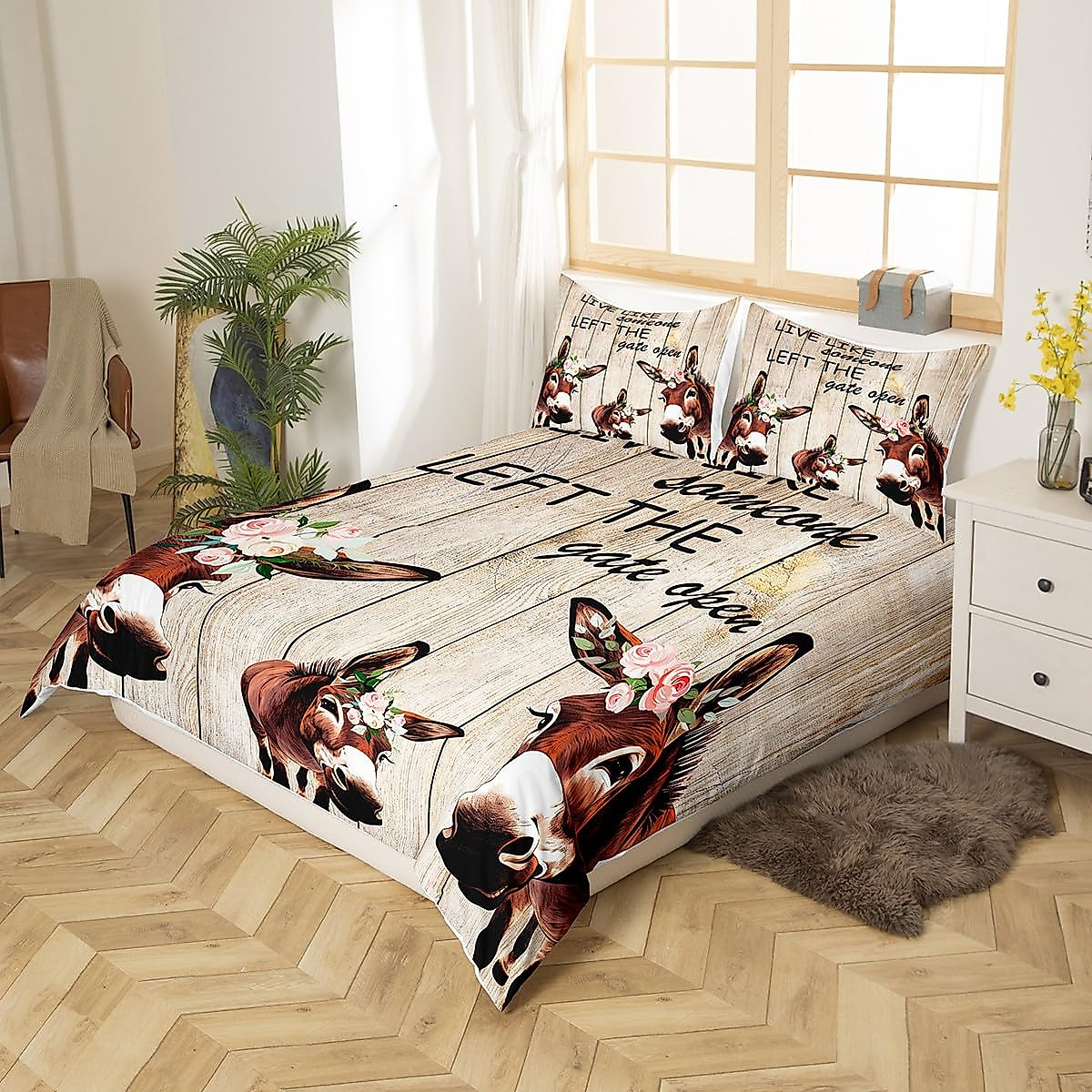 Manfei Kids Donkey Duvet Cover Set Twin Size, Floral Animal Theme Comforter Cover with 1 Pillowcase, Rustic Farmhouse Bedding Set 2pcs for Boys Girls Bedroom Decor Grey Wooden Board Bedspread Cover