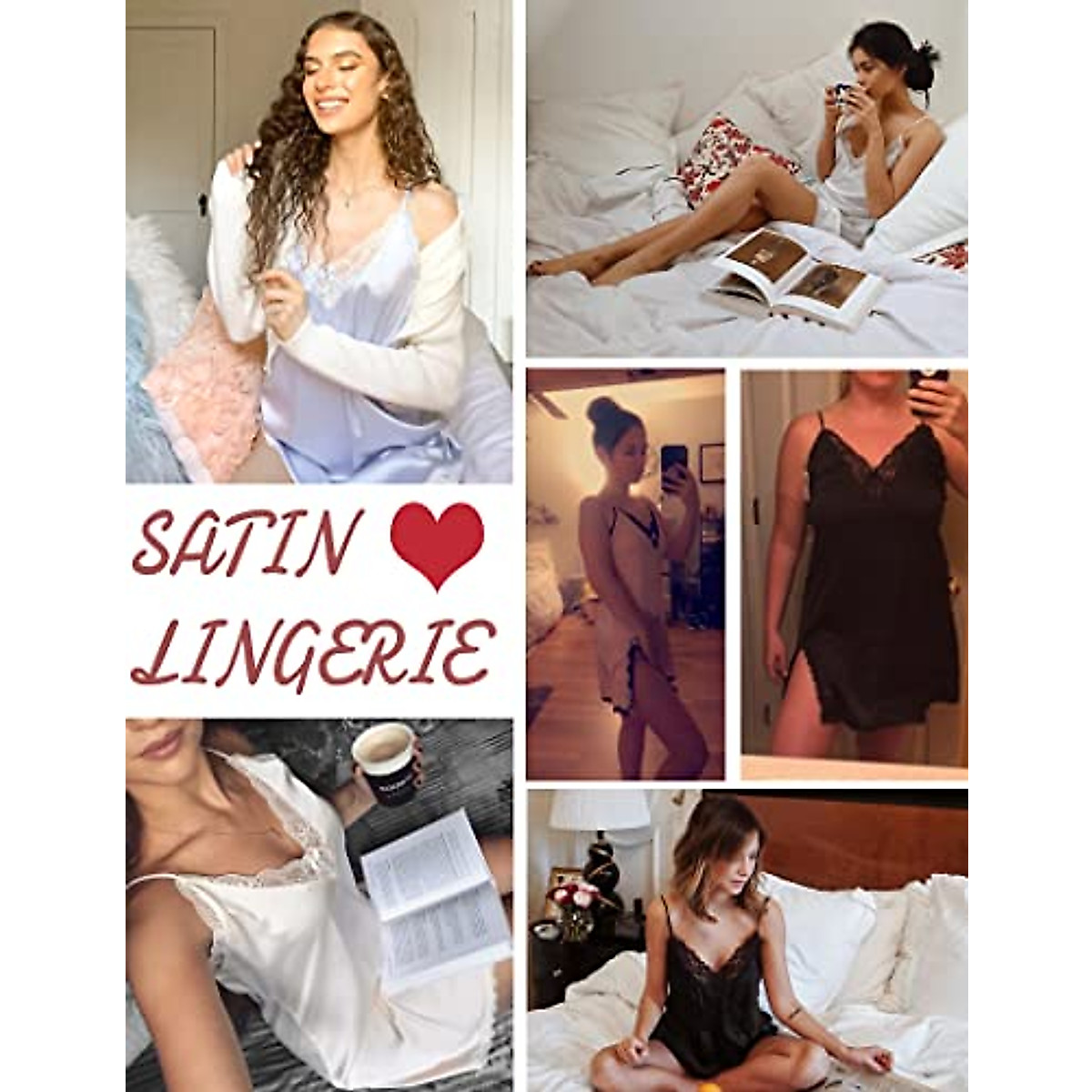 Ekouaer Womens, Satin Lace Chemise Silky Nightgown Nightshirt, Plus Size Sleepwear, Babydoll Lingerie, A Black, Large