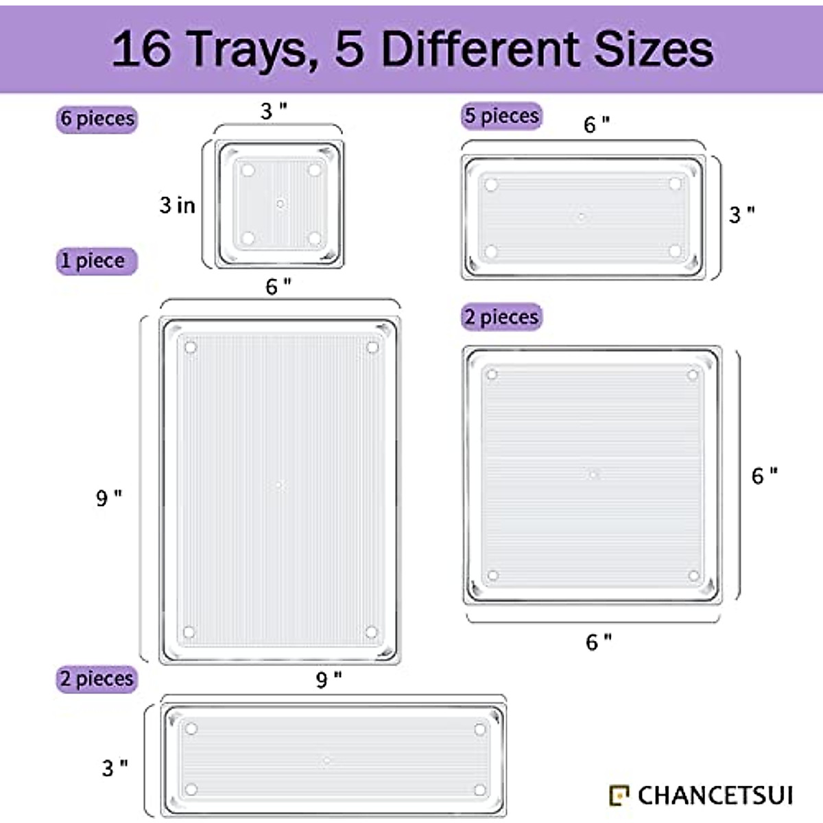 16 PCS Drawer Organizer Set Clear Plastic Drawer Organizer Trays with Non-Slip Silicone Pads, 5-Size Desk Drawer Organizers and Storage Bins for Makeup, Jewelry, Bathroom, Office and Kitchen