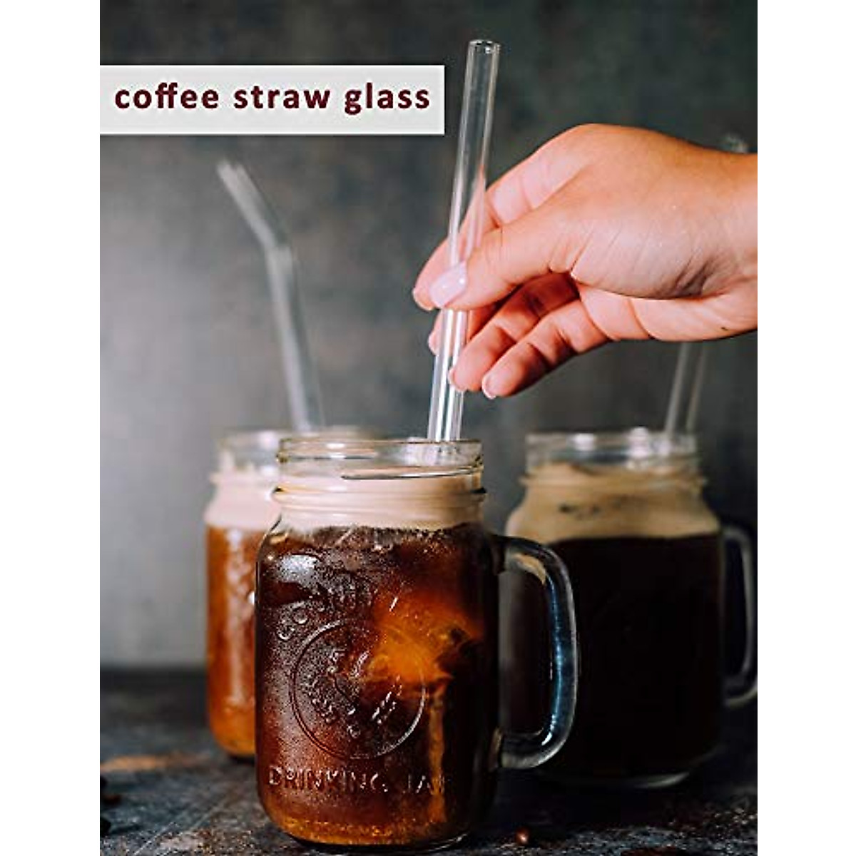 8pcs Glass Drinking Straws, Straight 9 inches x 10mm Bent 8.2 inches x 10mm, Reusable for Hot or Cold Drinks, Eco Friendly, Cleaning Brushes Included