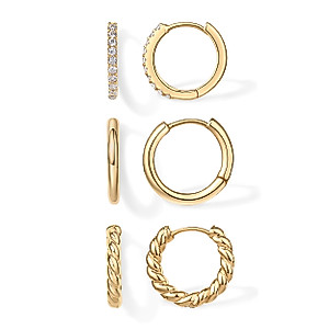 PAVOI 18K Yellow Gold Plated 925 Sterling Silver Posts 3 Pairs Small Hoop Earrings for Women - Cubic Zirconia Plain Rope Huggie Hoops Pack - Lightweight Earrings Set