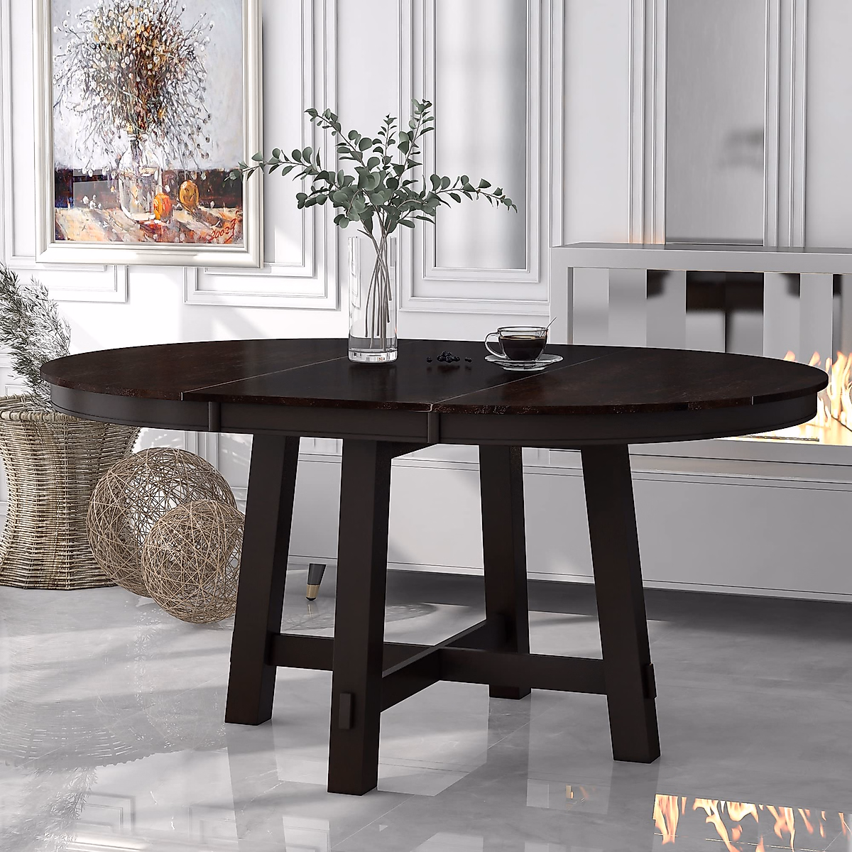 P PURLOVE Round Dining Table, Farmhouse Round Extendable Dining Table with 16" Leaf Wood Kitchen Table (Espresso)