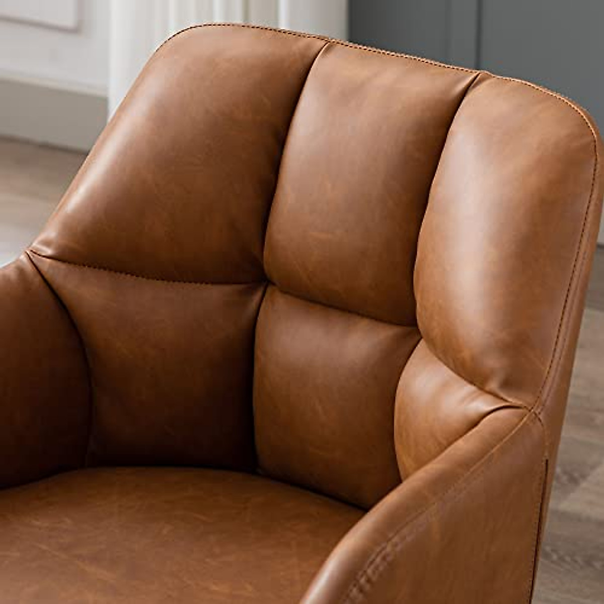 VESCASA Adjustable Home Office Desk Chair with Comfy Square Tufted Mid-Back, Faux Leather 360 Swivel Upholstered Task Armchair with Wheels for Teens Bedroom/Living Room, (Brown)