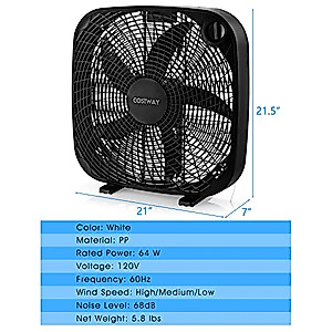 COSTWAY 3-Speed Box Fan, 20 Inches Portable Floor Fan with Knob Control, 2 Supporting Feet, Compact Lightweight Cooling Fan for Full-Force Circulation, Quiet Operation for Home Office Garage, Black