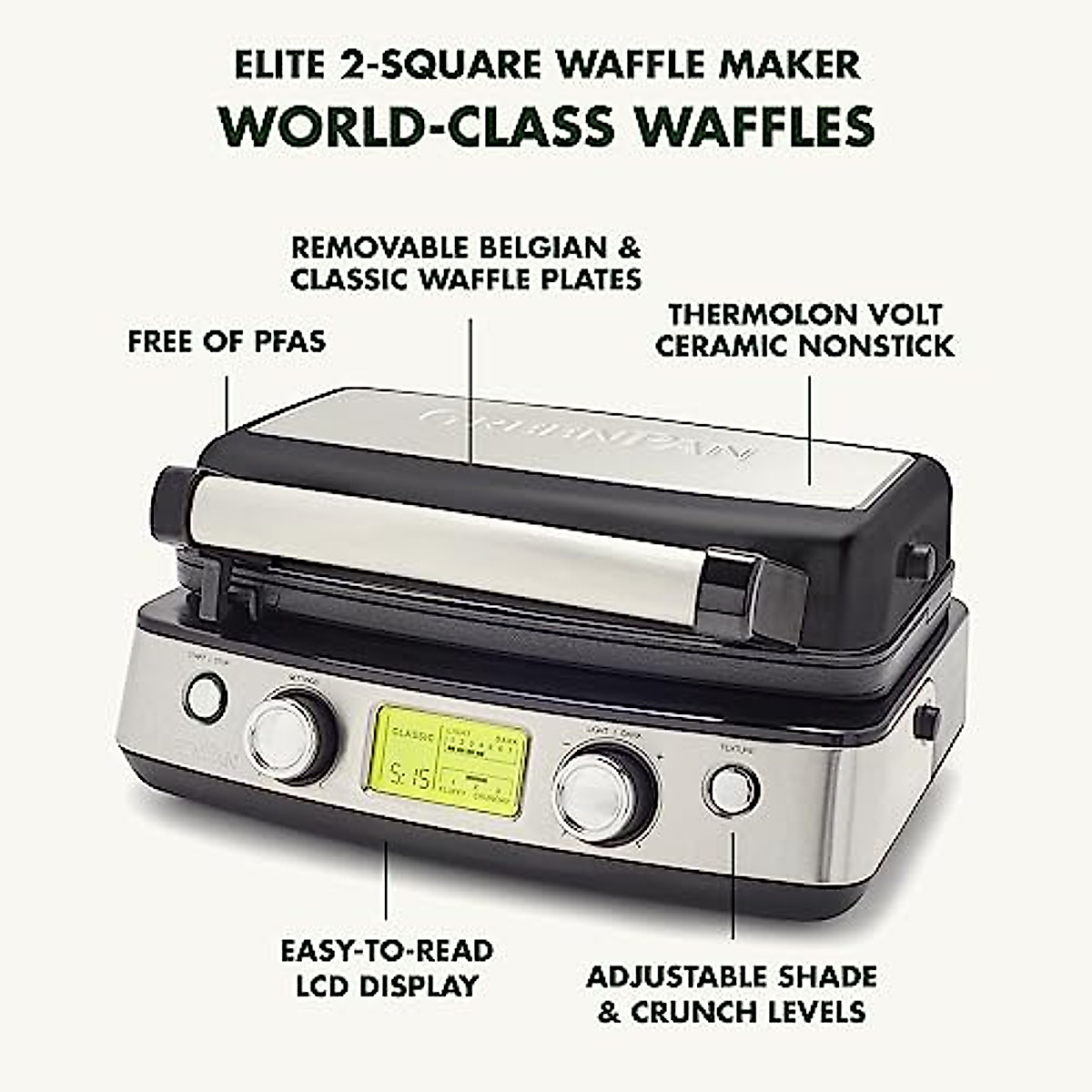GreenPan Elite 2-Square Belgian & Classic Waffle Iron, Healthy Ceramic Nonstick Aluminum Dishwasher Safe Plates, Adjustable Shade/Crunch Controls, Wont Overflow, Easy Cleanup Breakfast, Black