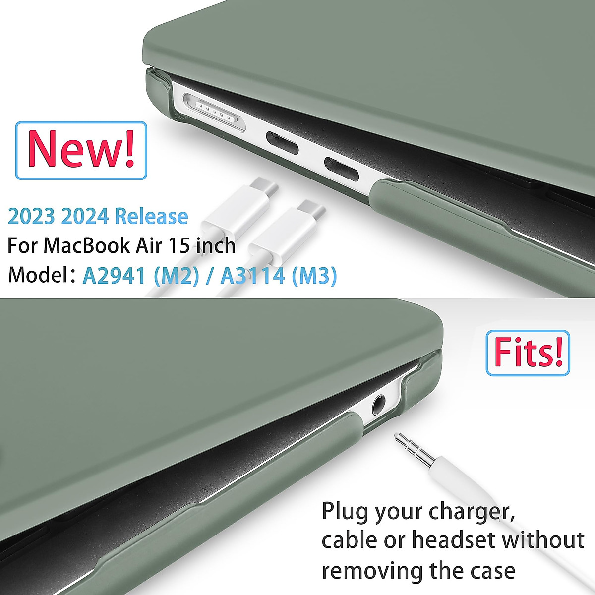 Mektron Case for MacBook Air 15 INCH 2024 M3 A3114 /2023 M2 A2941 Case with 15.3" Liquid Retina Display & Touch ID Cover, Plastic Hard Shell with Screen Protector, Matte Midnight Green