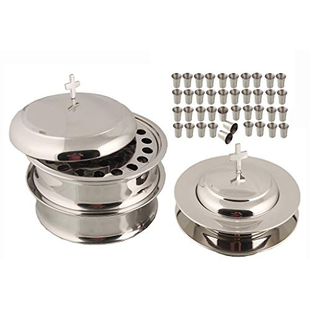 Communion Ware 2 Holy Wine Serving Trays with A Lid & 2 Stacking Bread Plates with A Lid + 80 Cups - Stainless Steel (Mirror/Silver)