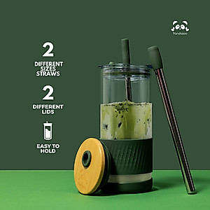 Pandaloo Glass Cups With Lids and Straws -20 Fl Oz- Perfect for Iced Coffee, Smoothie Cup With Bamboo Lid and On the go Lid (1 Count (Pack of 1), Mediterranean Olive)