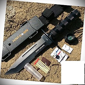 Hunt-Down 12" Black Color Fixed Blade Survival Stainless Steel Blade Knife - Survival Kit & Compass