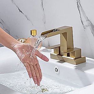 HAMOLER 4 Inch Centerset Bathroom Waterfall Faucet 2 Handle 3 Hole Lavatory Vanity Faucet Waterfall Basin Faucet with Pop Up Drain with Overflow, Brushed Gold