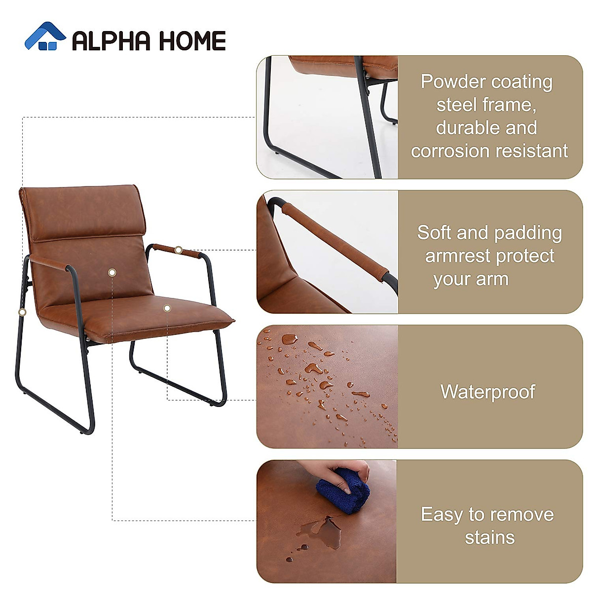 ALPHA HOME Living Room Accent Chair Sofa Chair Lounge Chair with Metal Leg for Home Office Study Living Room Vanity Bedroom,Brown