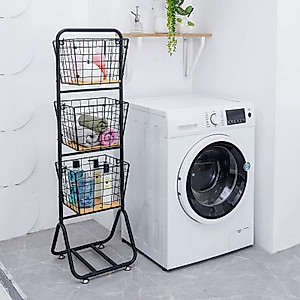 X-cosrack 3-Tier-fruit-Wire-Market-Basket-Stand Kitchen Snack Vegetable Metal baskets Storage Tiered Wire Basket Organizer Free-Standing for Fruit Vegetable Storage Pantry Bathroom (Bamboo)