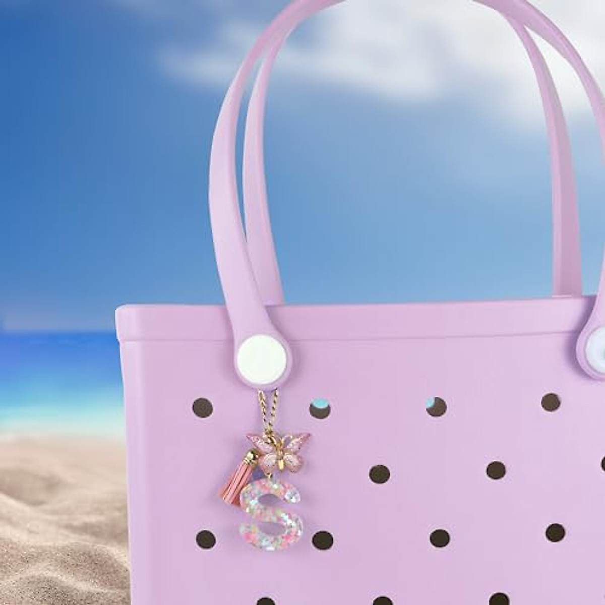 Vmini Letter Charms Accessories for Stanley Cup with Handle, Pink Initial Charm for Bogg Bag, Cute Keychain Handle Charm Decor for Stanley & HydroJug & Brumate Tumbler with Pink Butterfly & Tassel (C)