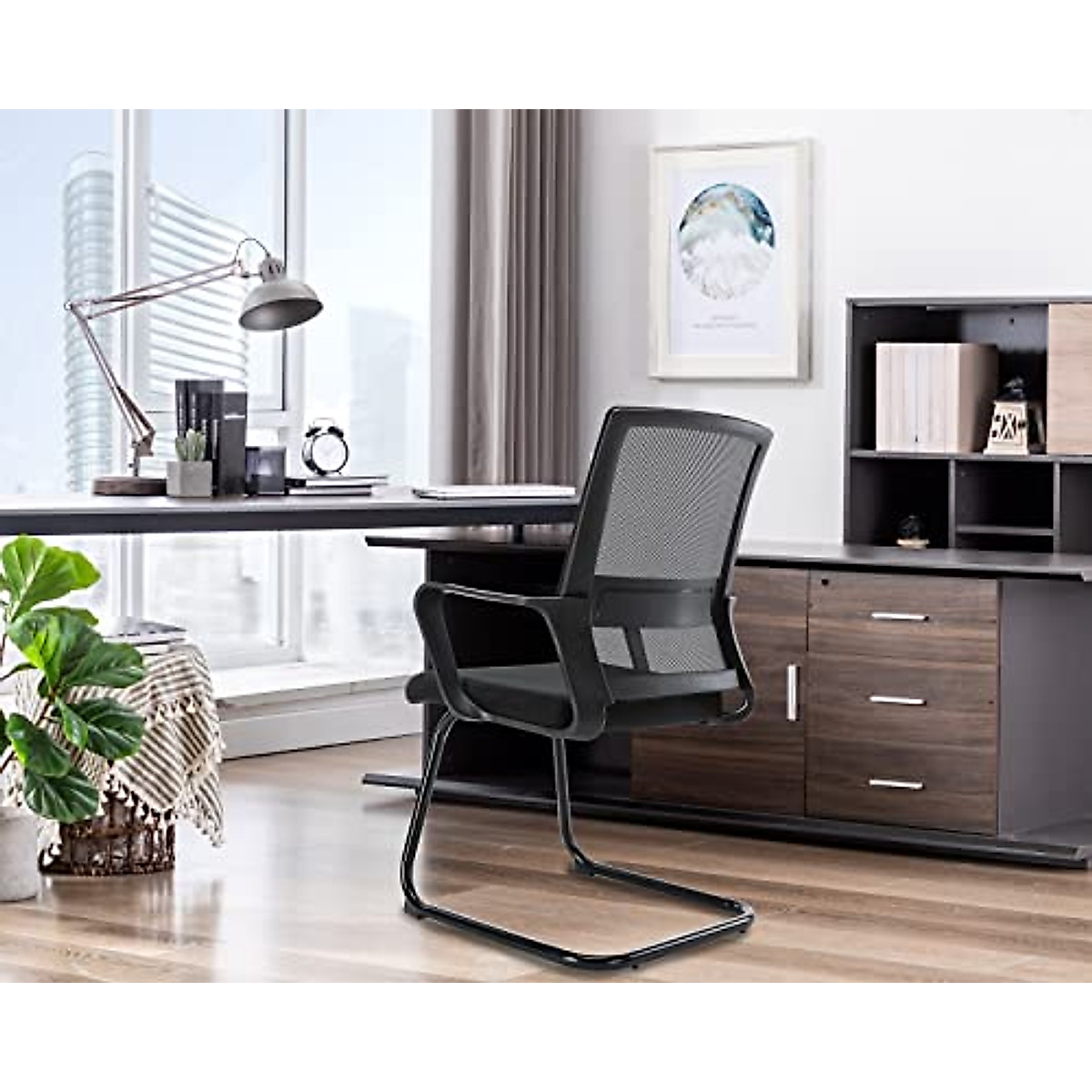 CIMOTA Waiting Room Chairs Mesh Office Guest Chair Mid Back Reception Chairs with Sled Base for Meeting/Patient/Conference Room, Black Set of 6