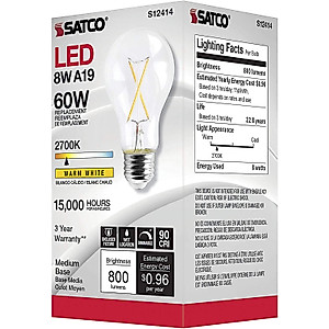 Satco S12414-8 Watt LED A19; Clear Bulb 2700K (6 LED Light Bulbs)