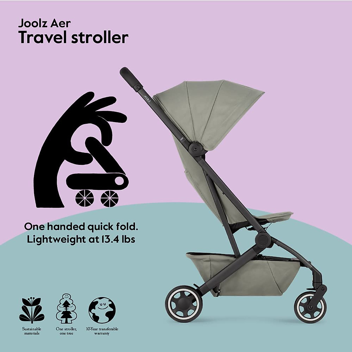 Joolz AER - Premium Baby Stroller - Comfortable & Compact - Foldable & Lightweight Travel Stroller - XXL Sun Hood - Raincover & Travelbag Included - Sage Green