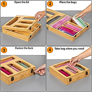 HEALTHY DREAM Bamboo Ziplock Bag Storage Organizer and Dispenser for Kitchen Drawer - Compatible with Ziploc, Hefty, Glad, Solimo for Snack, Sandwich, Quart and Gallon Size Storage Bags (4 in 1)