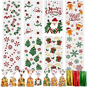 YUJUN 160 PCS Christmas Cellophane Treat Bags,Santa Claus Goodie Candy Xmas Clear Cello Bags Twist Ties for Winter Christmas Theme Party Favor Supplies(8 Styles)