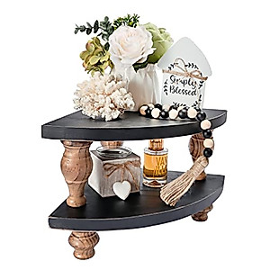 Donmills 2 Pieces Farmhouse Wood Corner Counter Shelf for Kitchen Countertop Organizer, Wood Counter Stackable Corner Pedestal Stand Tray Riser Shelves Cabinet Shelves Spice Rack Organizer Black