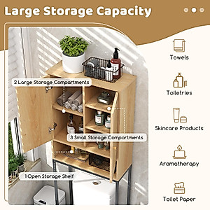Tangkula Over The Toilet Storage Cabinet, 69" Tall Freestanding Above Toilet Organizer w/Rattan Doors & Shelves, Home Space Saver for Bathroom & Laundry Room (Farmhouse, Natural)