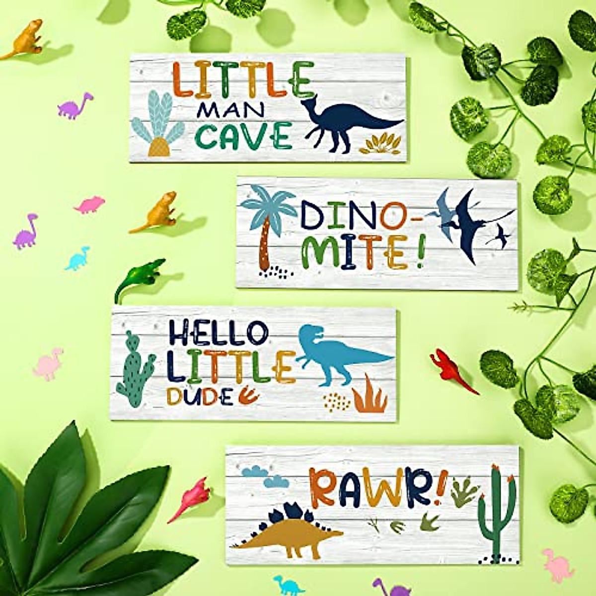 4 Pcs Dinosaur Room Bedroom Decor Boys Dinosaur Wall Decor, Motivational Quote Wood Dinosaur Decorations Hanging Sign Prints Plaques for Boy Kids Nursery Playroom (Simple Style)