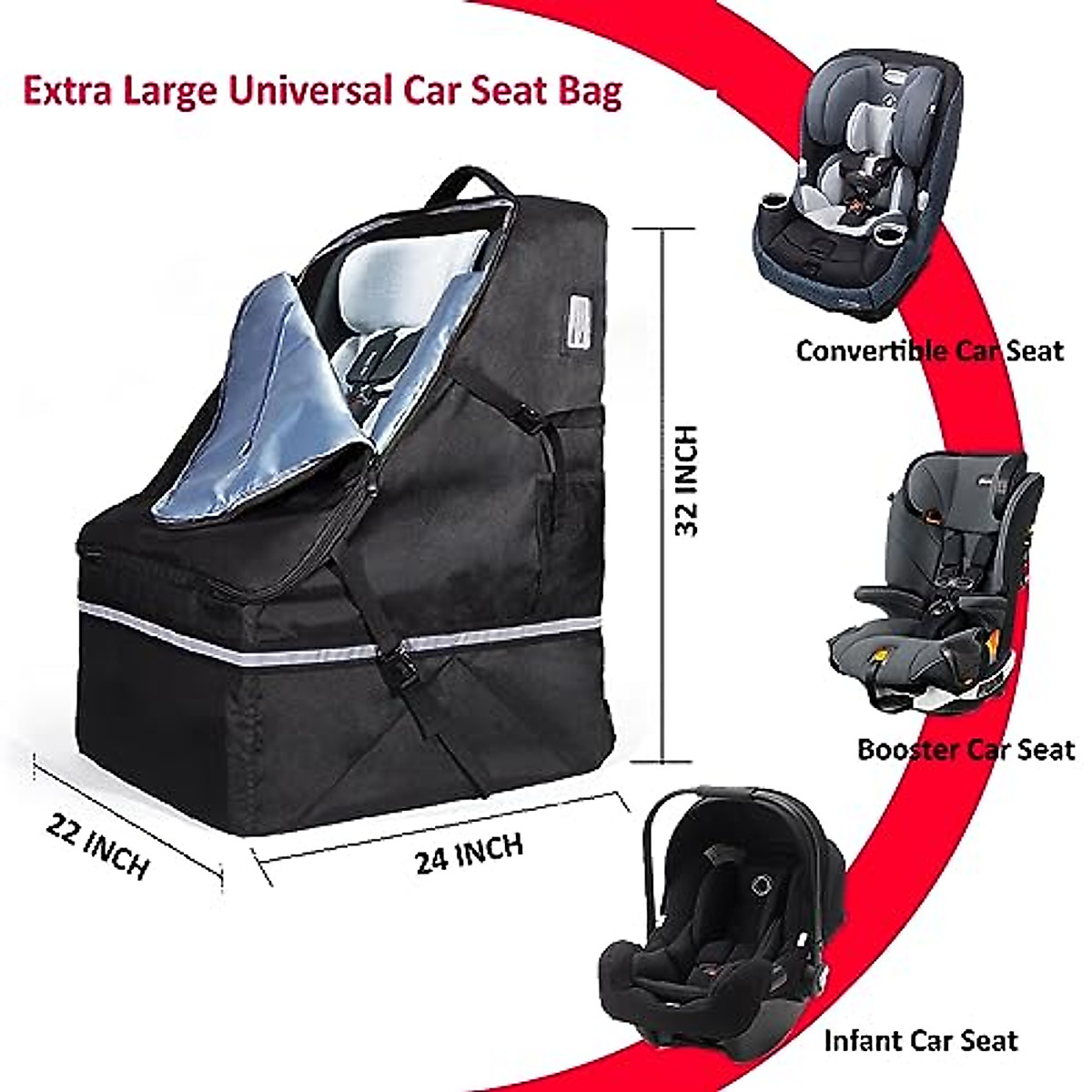 WEXIO Padded Car Seat Bags for Air Travel，Waterproof Infant Carseat Bag for Airport， fit for Evenflo Maxi Cosi Britax Graco Chicco Cybex Diono Nuna Peg Doona (Black and Gray)