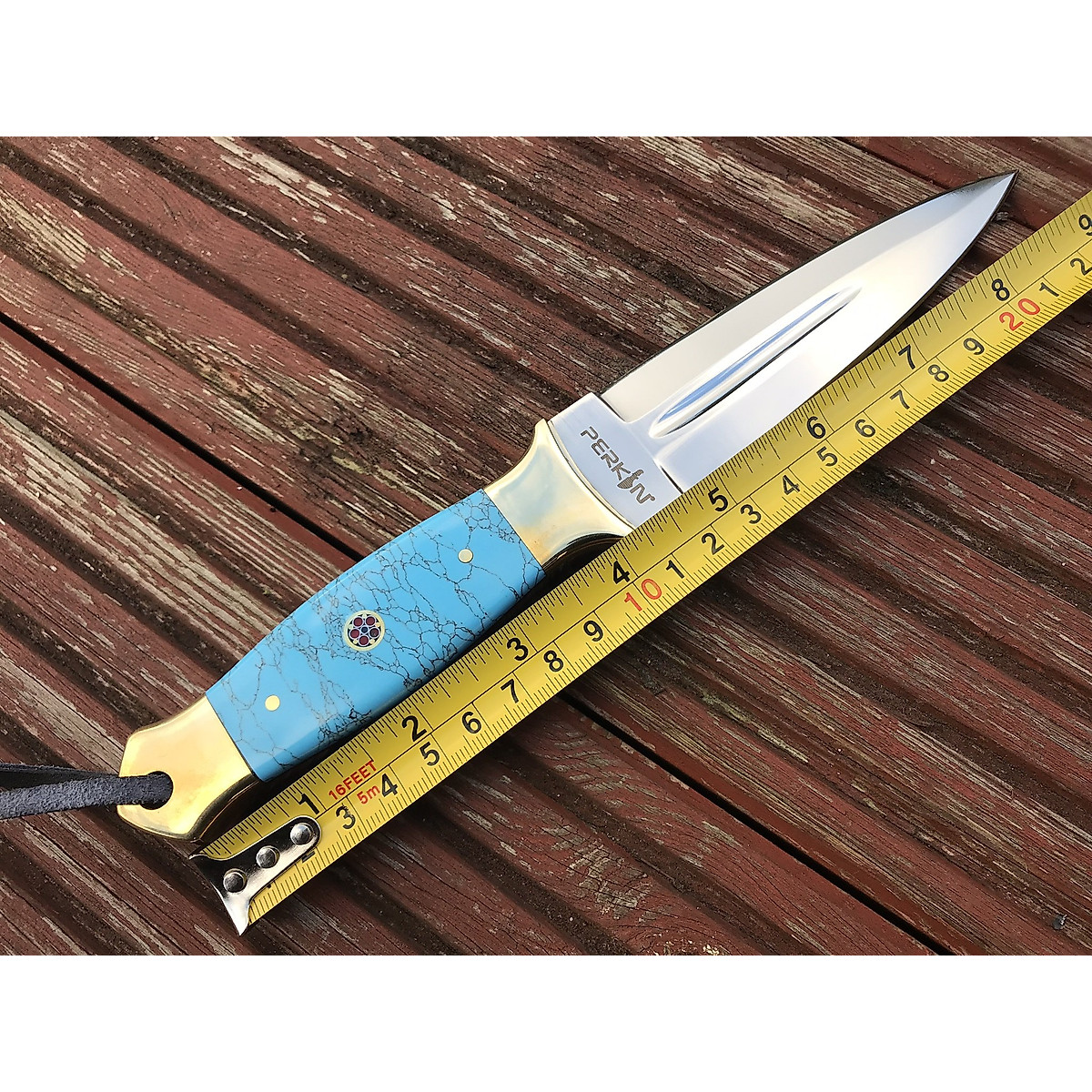 Perkin | 8.5 Inch Fixed Blade Hunting Knife | Throwing Knife, Turquoise Handle | Leather Sheath