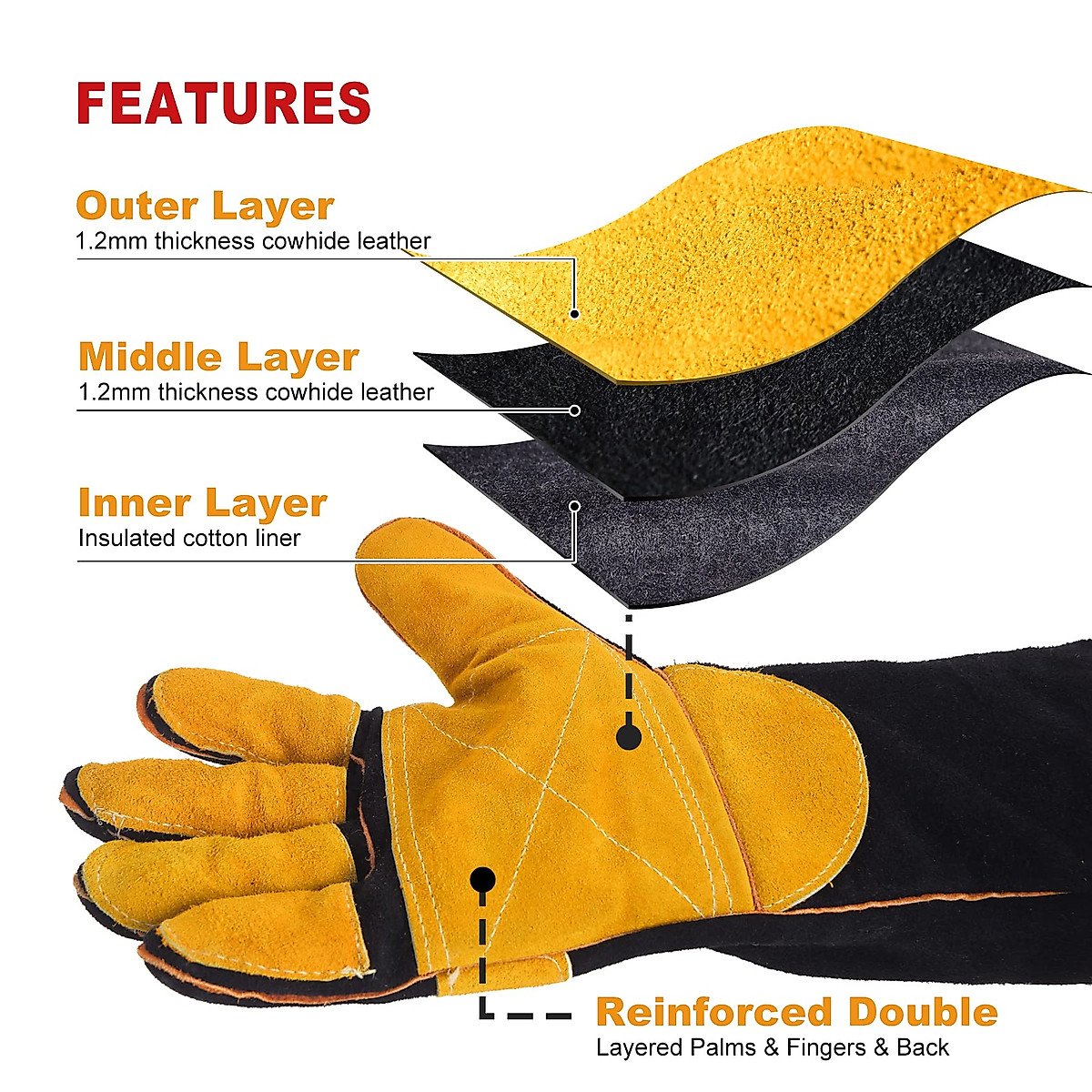 TOPDC Welding Gloves 16 Inches 932℉ Fire/Heat Resistant Leather Welding Gloves For Mig, Tig, Stick, Forge, BBQ, Grill, Fireplace, Wood Stove, Furnace, Oven, Animal Handling for Safe, Loving Pet Care