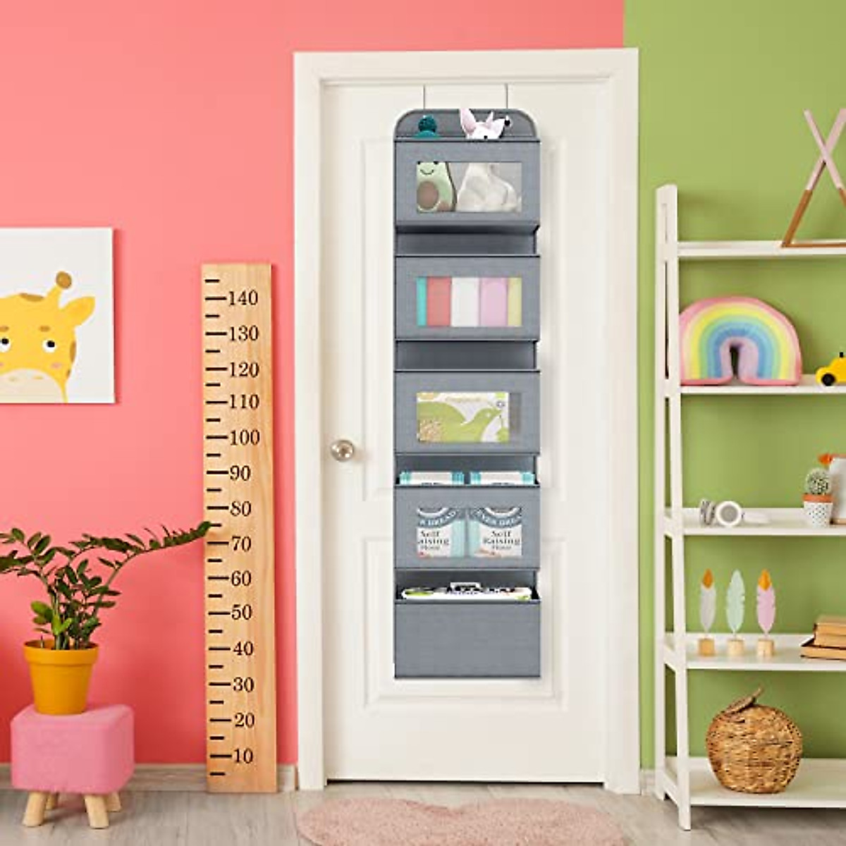 Fixwal Over the Door Hanging Closet Organizer Wall Mount Pantry Storage with 5 Large Pockets and Clear Window for Baby Nursery Bedroom Dorm Pantry Bathroom (Grey)