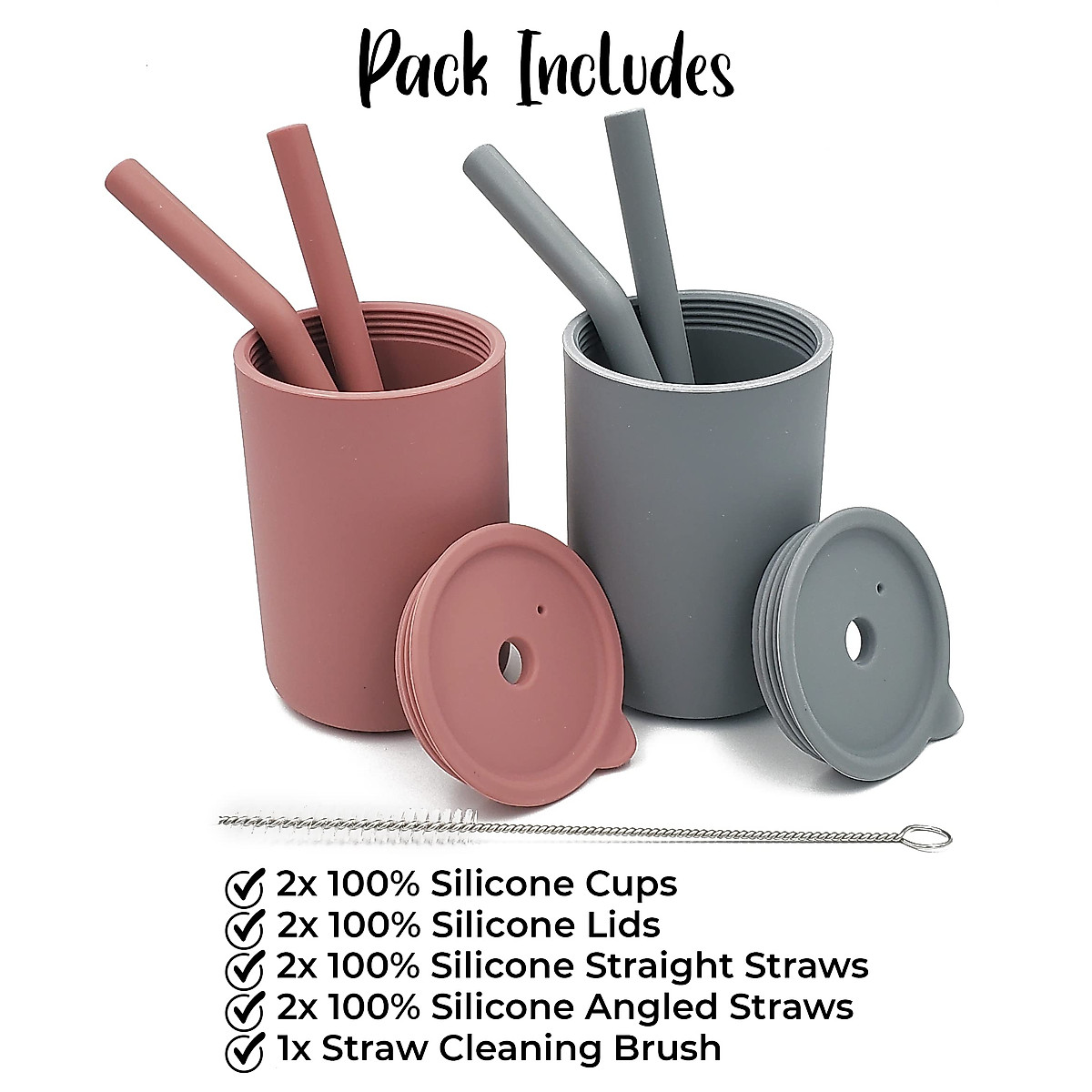 Cascade Kids Silicone Kids Cups with Straws - Set of 2, Unbreakable Training Cup with Straw for Babies and Toddlers for less mess, BPA-Free Silicone Baby cup, 6+ Month, 6oz, (Rose Pink/Stone Grey)