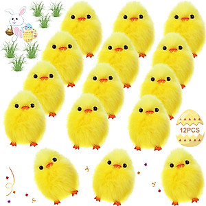 12 Pieces Easter Fur Chicks Fluffy Chenille Chicks Soft Plush Toys Easter Chicks 2.5 Inches Kids DIY Easter Egg Bonnet Decorations Chick Plush Stuffed Animal for Easter Party Favors