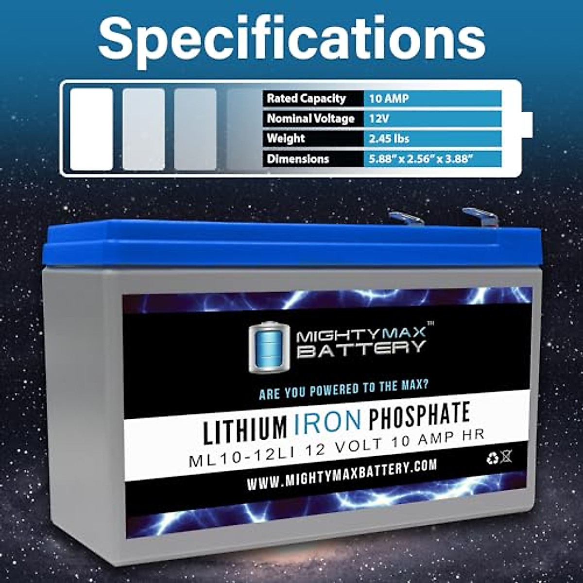 Mighty Max Battery Mighty Max Battery ML10-12LI - 12 Volt 10 AH Deep Cycle Lithium Iron Phosphate (LiFePO4) Rechargeable and Maintenance Free Battery