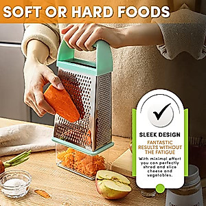 Spring Chef Professional Box Grater With Storage Container, Stainless Steel & Soft Grip Handle, 4 Sides, Handheld Kitchen Food Shredder Best for Parmesan Cheese, Vegetables, Ginger, 10" Mint