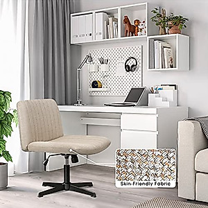 PUKAMI Armless Office Desk Chair No Wheels,Fabric Padded Modern Swivel Vanity Chair,Height Adjustable Wide Seat Computer Task Chair for Home Office,Mid Back Accent Chair (Beige)
