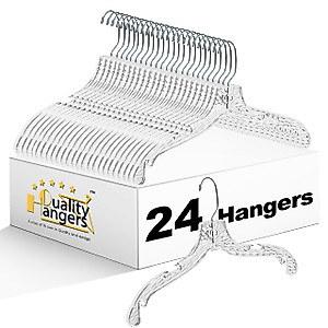 Quality Hangers 24 Pack Clear Plastic Hangers with Super Easy 360 Degree Swivel Hook – Shirt Hangers with Precision Notches for Secure Hanging – Slim Crystal Coat Hangers – 17 Inches (24, 17")
