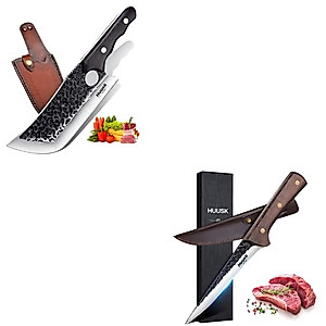 Huusk Upgraded Viking Knives Hand Forged Boning Knife Bundle with Hand Forged Deboning Knife with Sheath