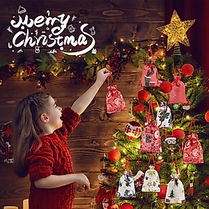 yeatem 24 Pieces Small Christmas Gift Bags, Christmas Gift Bags Bulk, Christmas Candy Bags,Drawstring Christmas Bags, Christmas Holiday New Year Party Favors, 8 Designs Organza Bags