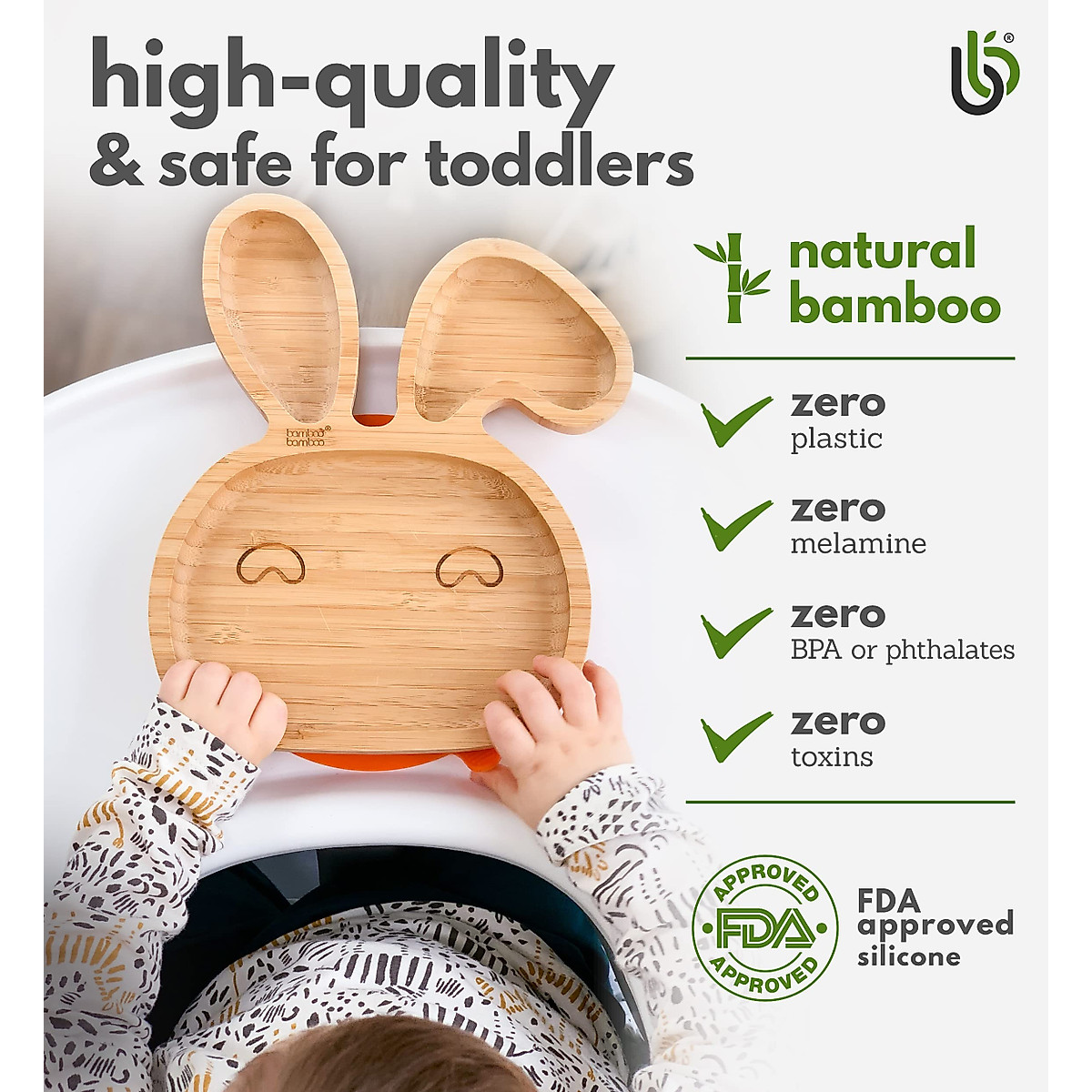 Bamboo Baby Plate with Suction - Kids and Toddler Suction Cup Plate for Babies, Non-toxic All-Natural Bamboo Baby Food Plate Stays Cool to the Touch for Baby-Led Weaning (Bunny-Orange)