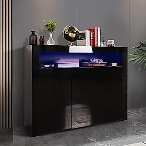 SZUBEE Modern Black High Gloss Sideboard Storage Cabinet with LED Light-Versatile Kitchen and Dining Room Buffet Cupboard with 3 Doors and TV Stand Function