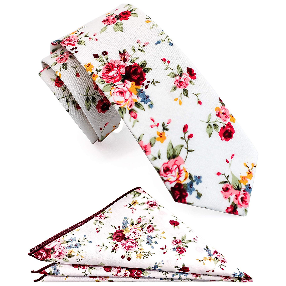 ZENXUS Mens Cotton Skinny Rose Floral White Tie Combo Set with Flower Pocket Square