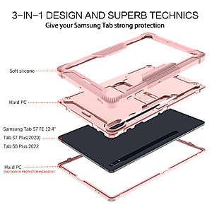 GaoBao Samsung Tab S7 FE 12.4'' Case, 3 in 1 Heavy Duty Pencil Holder Hybrid Hard Soft Bumper Drop Protective Tablet Case for Samsung Galaxy Tab S7 FE 12.4''/ S8 Plus 2022/ S7 Plus 2020, Rose Gold.
